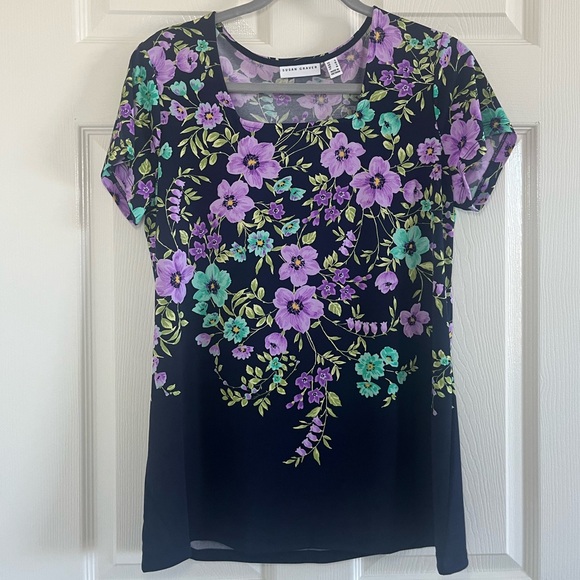 Susan Graver | Tops | Susan Graver Navy Blue Floral Square Neck Tee ...